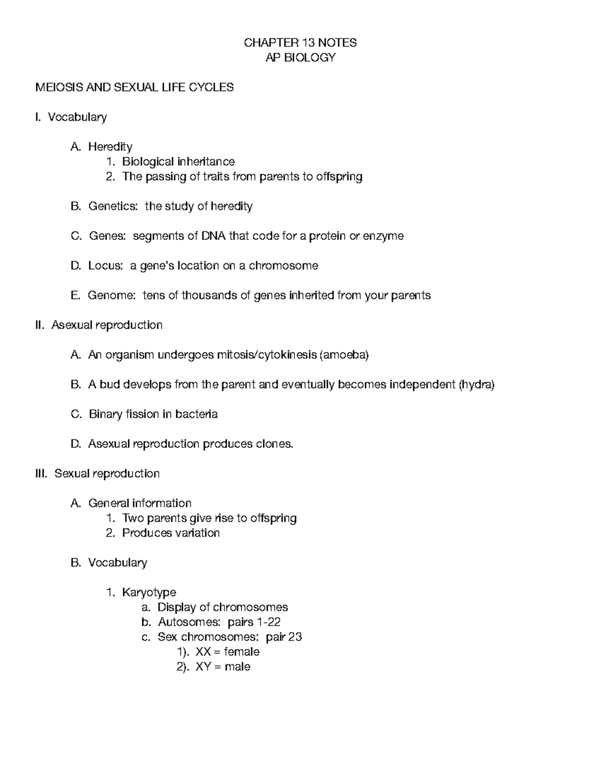 Chapter 13 notes: MEIOSIS AND SEXUAL LIFE CYCLES - CHAPTER 13 NOTES AP ...