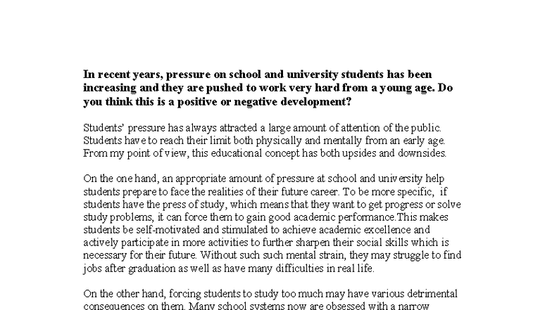 Pressure on Students: A Balanced Perspective - Essay - Studocu