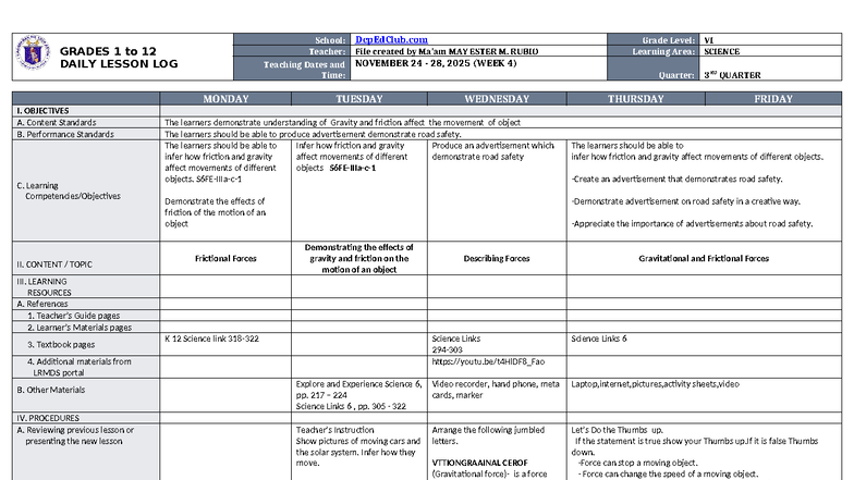 DLL Science 6 Q3 W4 - Gravity and Friction Lesson Plan - Studocu