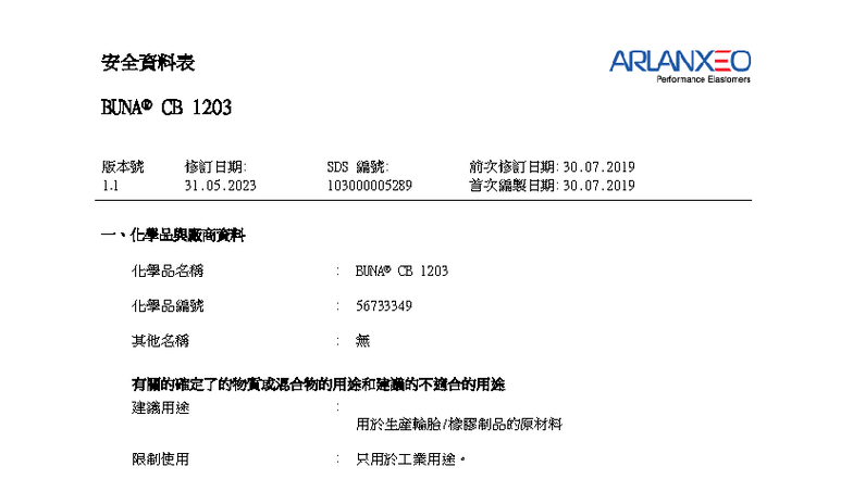 Buna® CB 1203 安全資料表 (SDS) 版本 1.1 修訂日期 2023-05-31 - Studocu