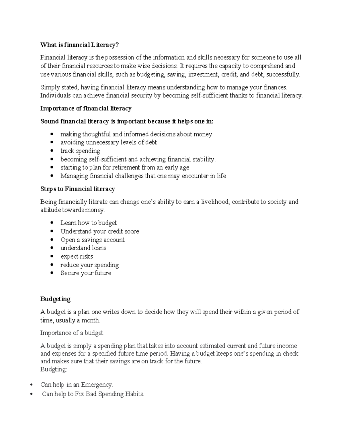 Financial Literacy: Understanding Key Concepts and Skills - Studocu