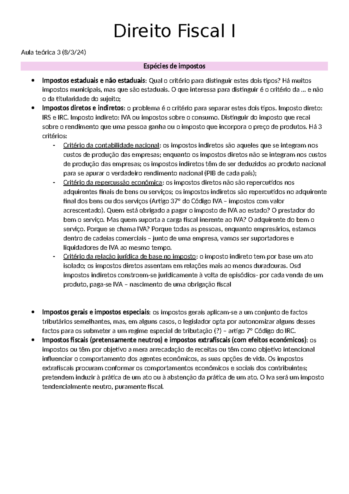 Direito Fiscal I - Aula Teórica 3: Espécies de Impostos e Critérios de ...
