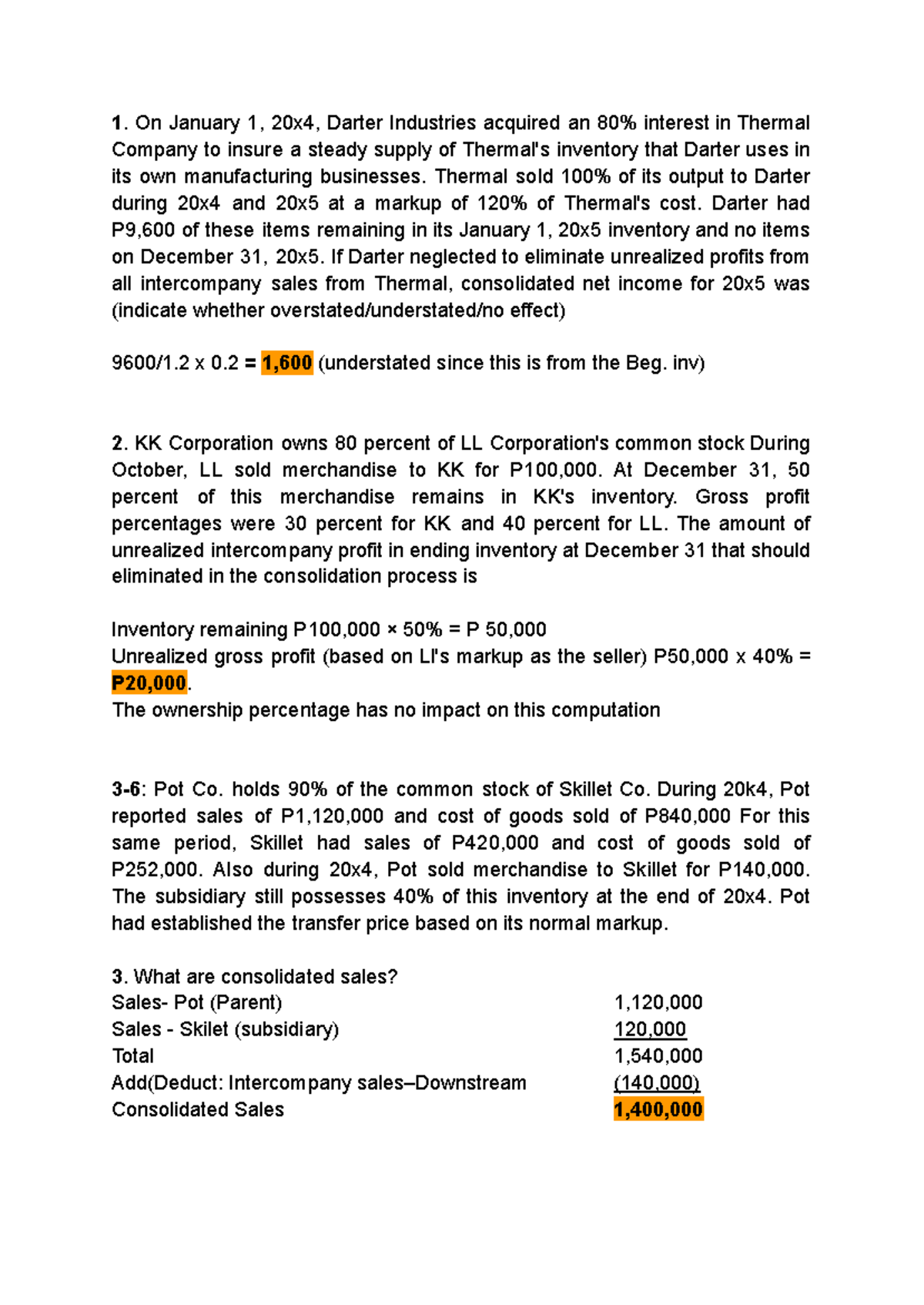 Buscom Quiz - Practice Questions on Intercompany Transactions and Consolidation - Studocu