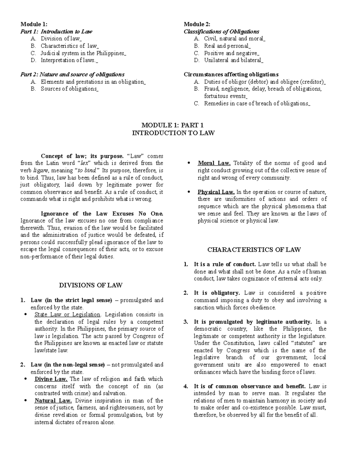 LAW 101 - Modules on Introduction to Law and Classifications of ...