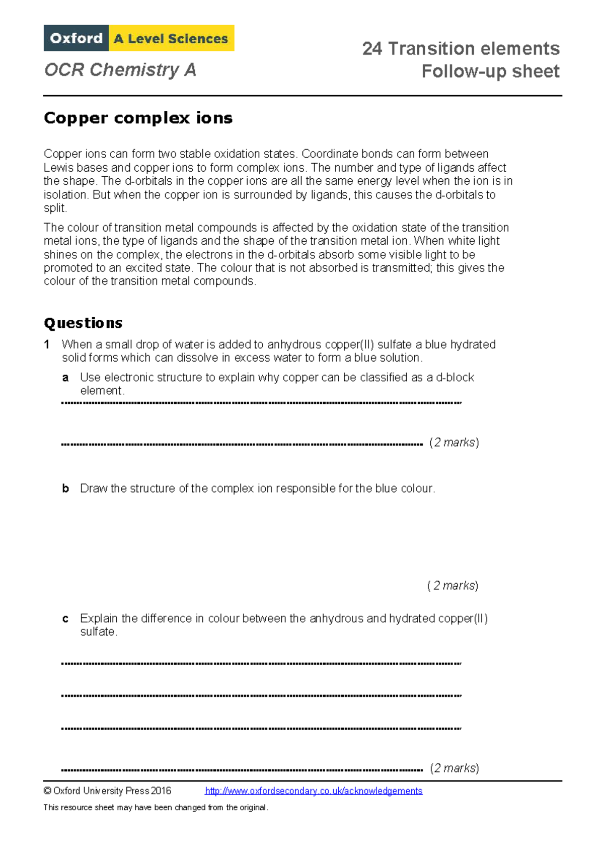 24 Transition Elements: Copper Complex Ions - OCR Chemistry A Homework ...