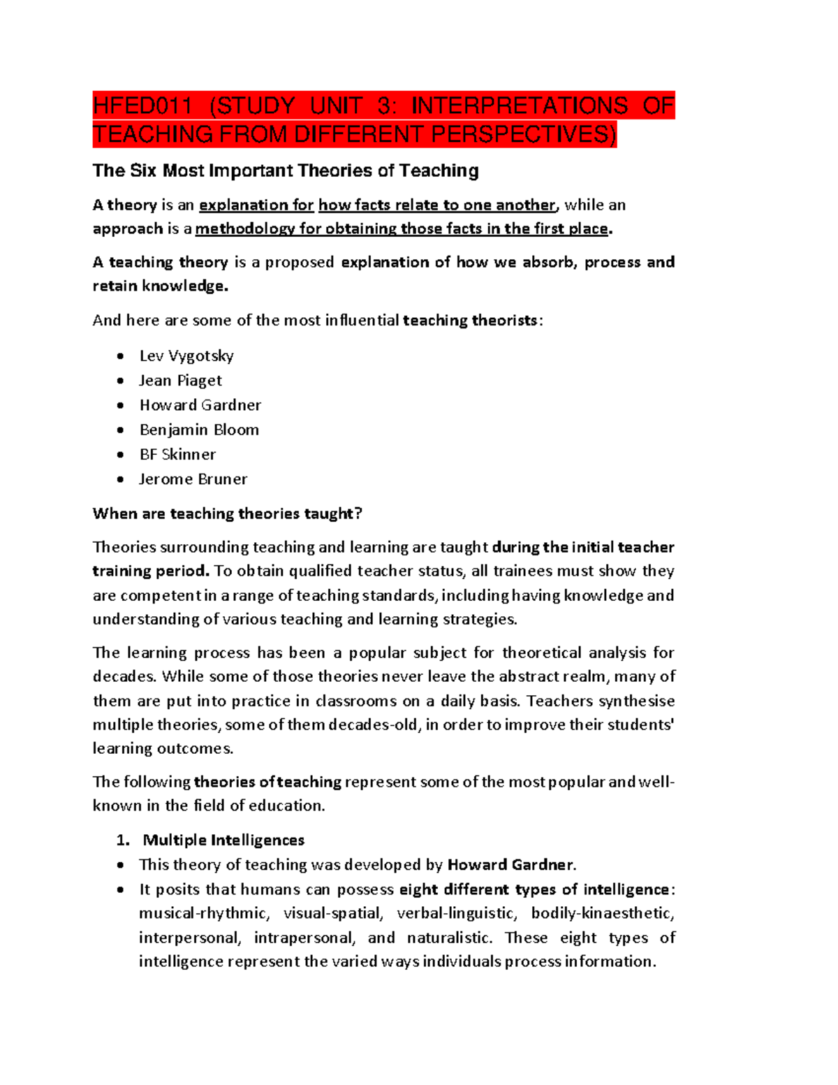 HFED011 ( Study UNIT 3 Interpretations OF Teaching FROM Different ...