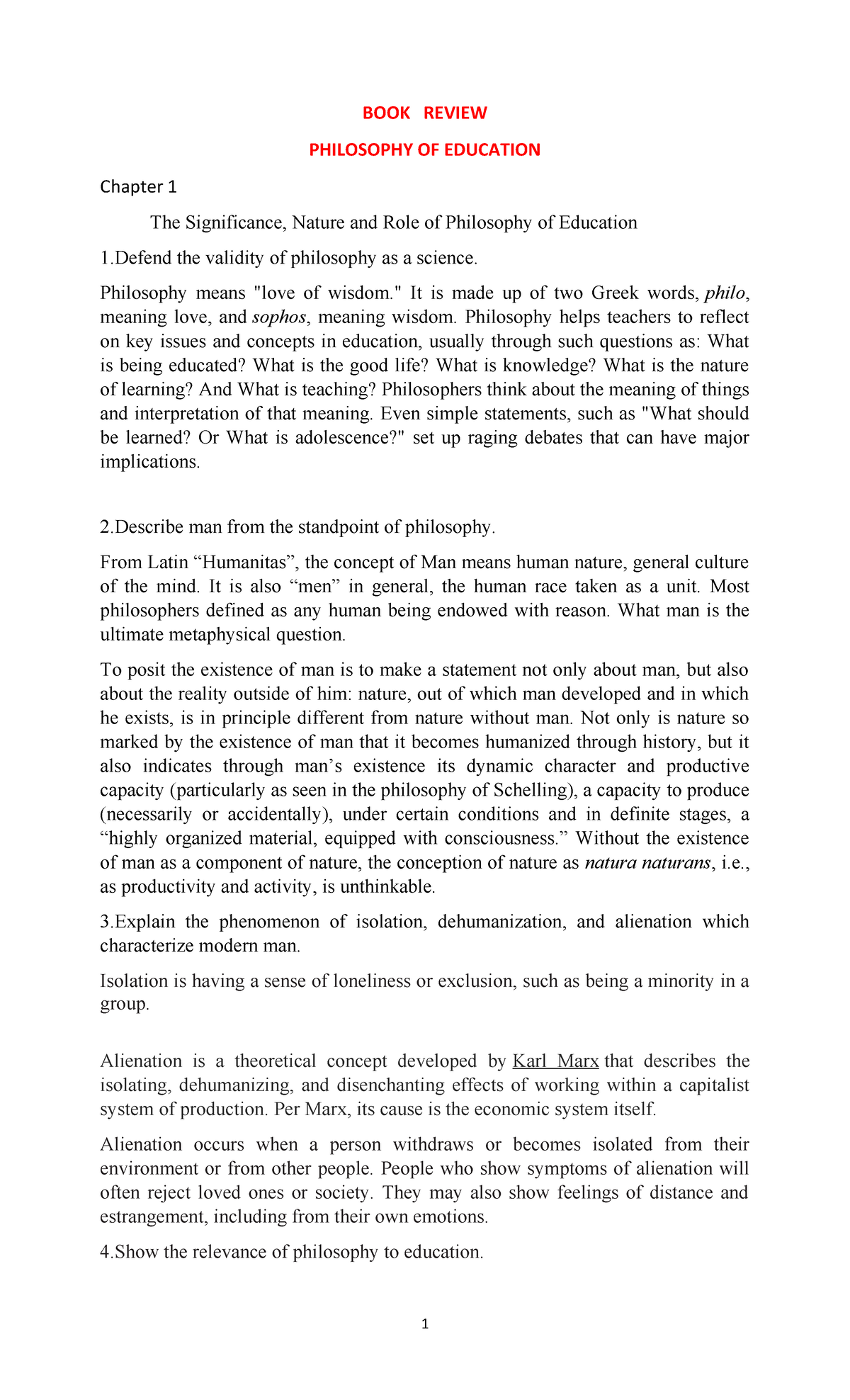 PHIL 607158748: Book Review on Philosophy of Education - Chapters 1-6 ...
