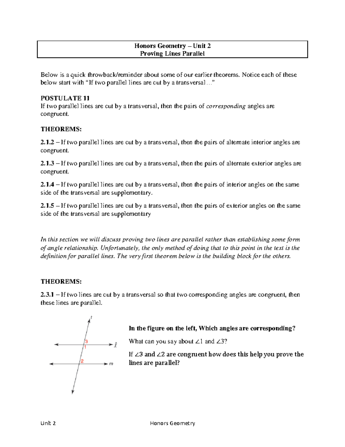 Unit 2: Honors Geometry Notes on Proving Lines Parallel - Studocu