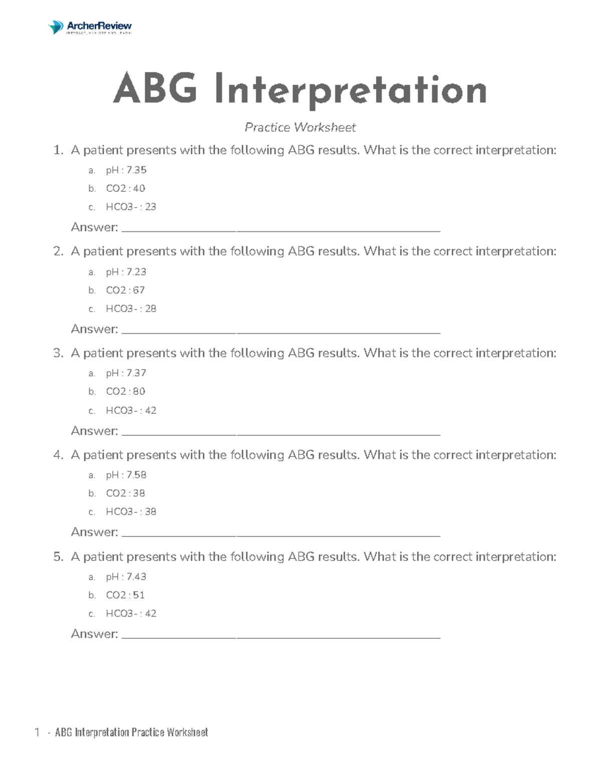 ABG interpretation worksheet - ABG Interpretation Practice Worksheet 1 ...