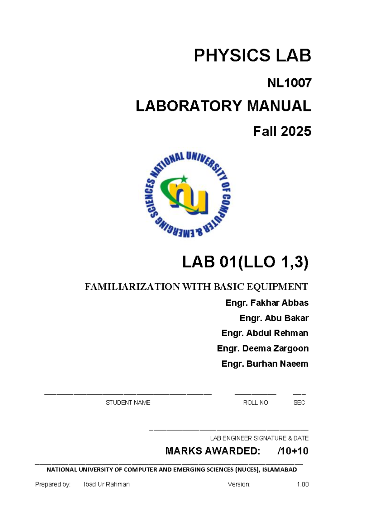 PHYSICS LAB NL1007 LAB 01: Familiarization with Basic Equipment - Studocu