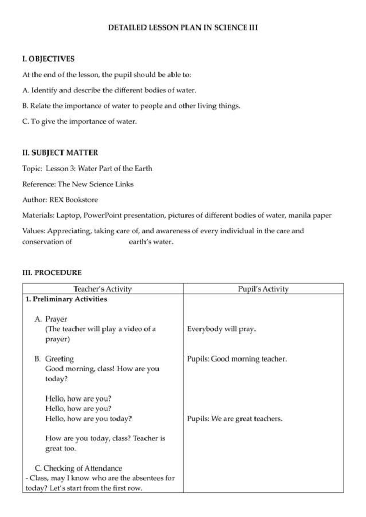 Detailed Lesson Plan in Science I (Lesson 3: Water Forms) - Studocu