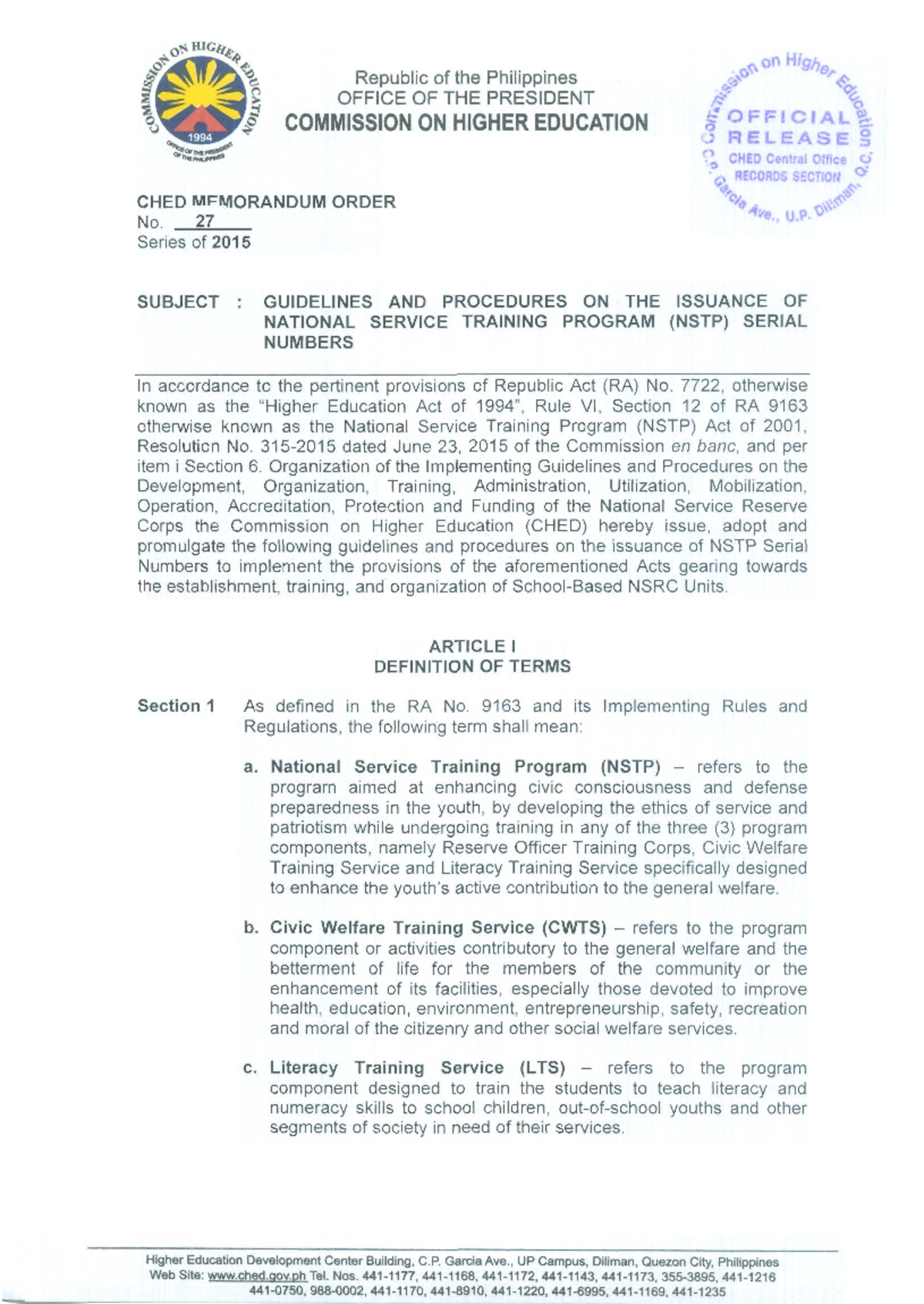 CMO No. 27, S. 2015: Guidelines for NSTP Serial Number Issuance - Studocu