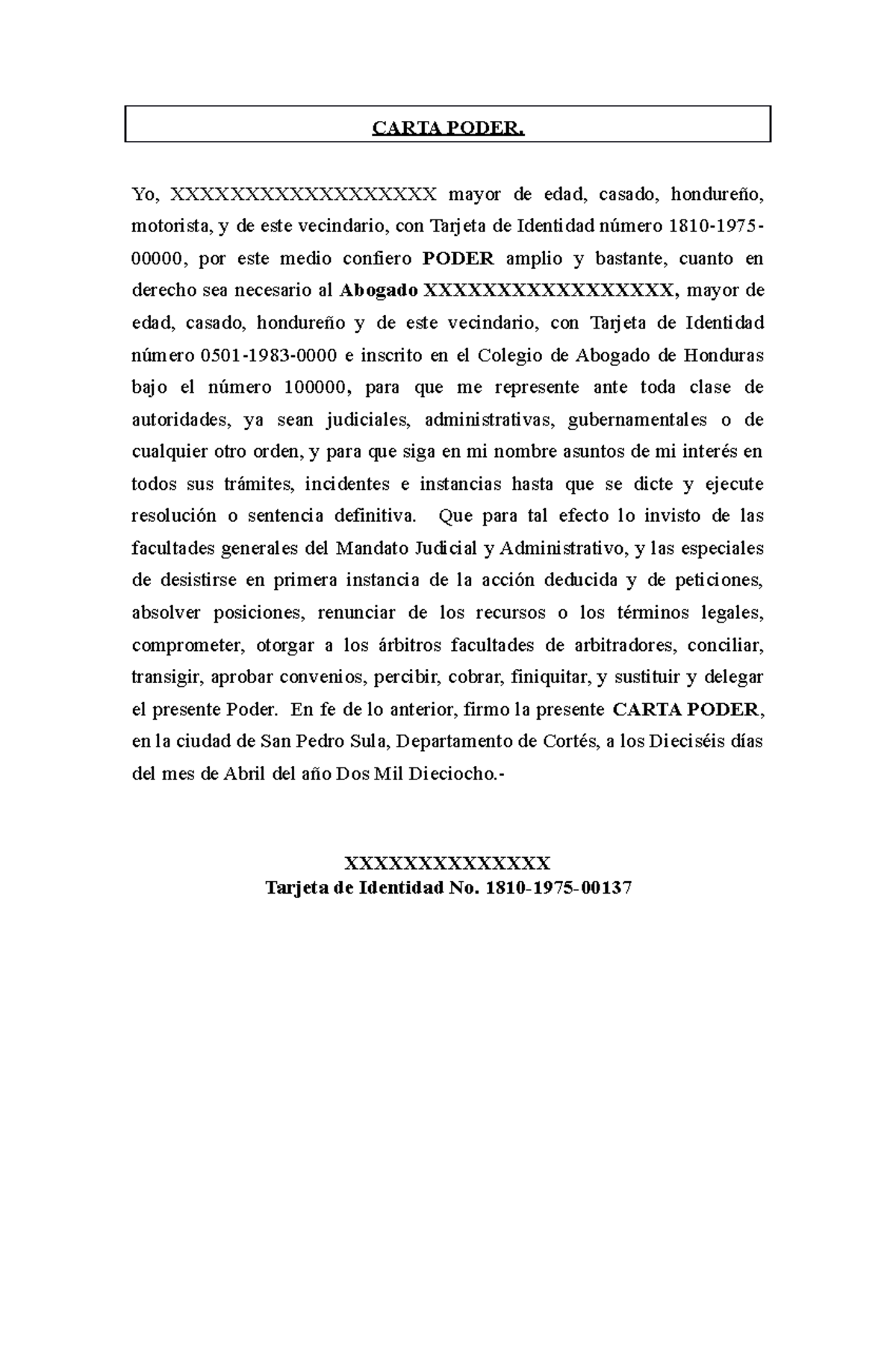 Modelo Carta Poder Honduras Procesal Civil Carta Poder Yo The Best ...