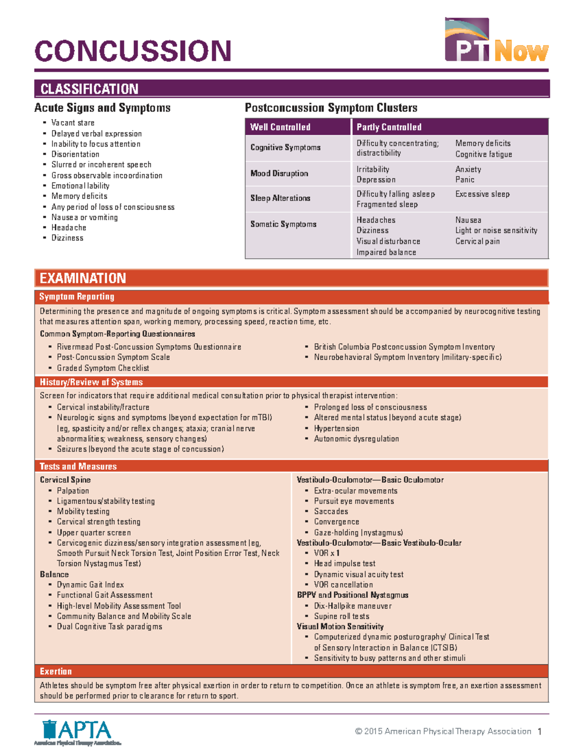 Concussion Management Guidelines: APTA Overview and Interventions - Studocu