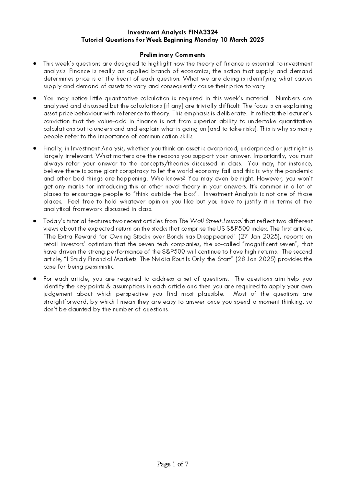 FINA Investment Analysis Tutorial 2 Notes: Asset Price Behavior ...