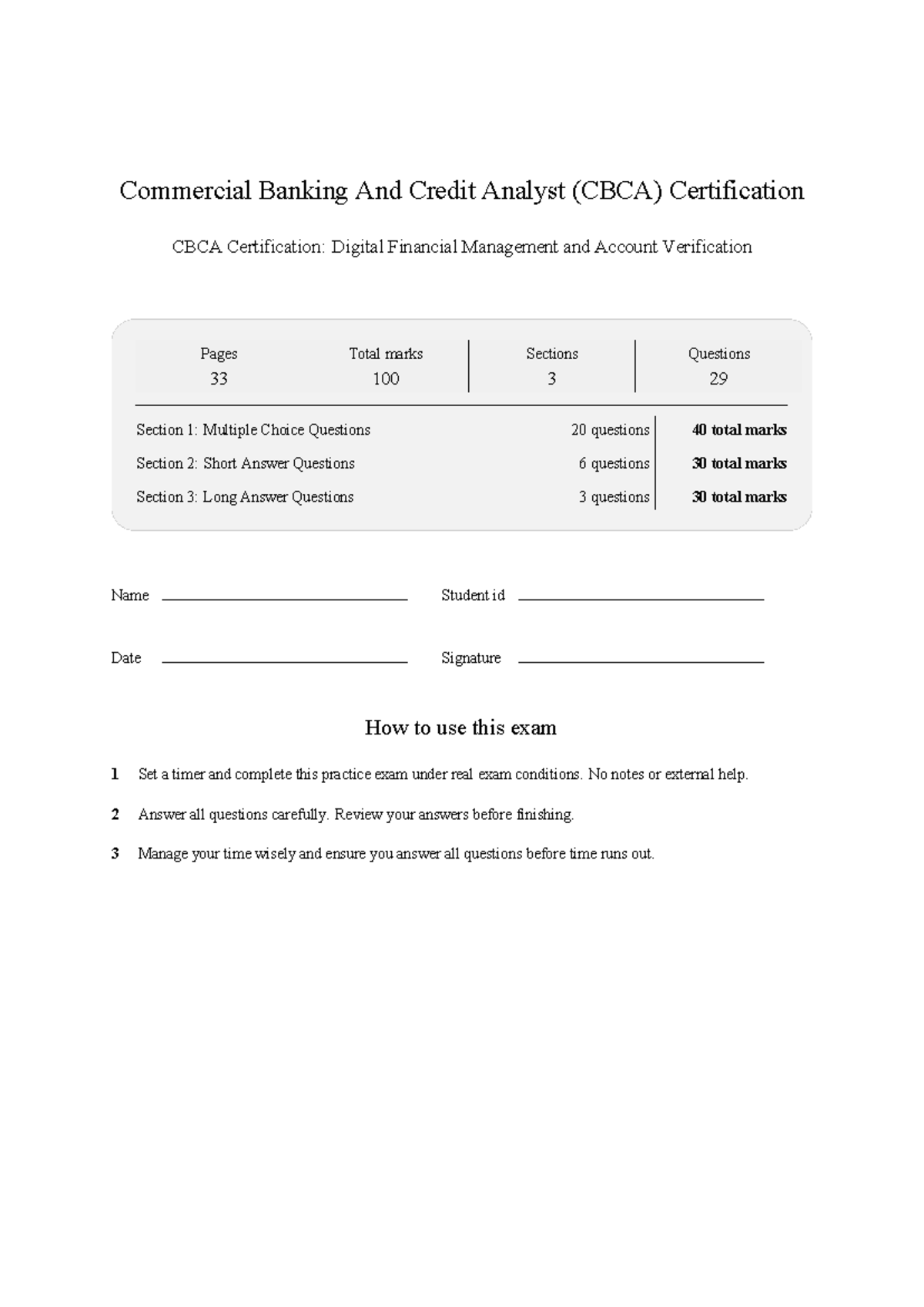 Commercial Banking And Credit Analyst (CBCA) Certification mock exam ...