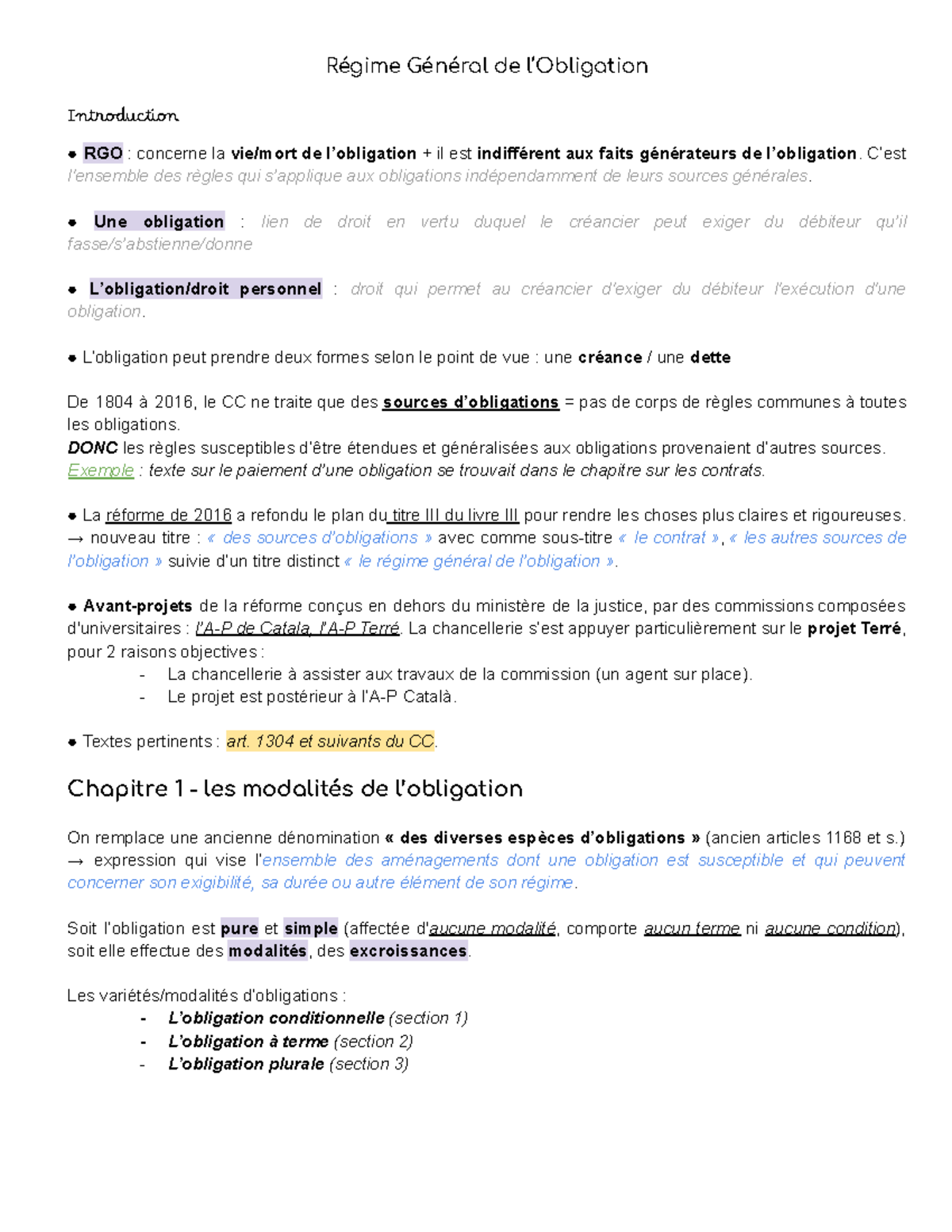 RGO Chapitre 1 : Les Modalités de l'Obligation et leurs Implications ...