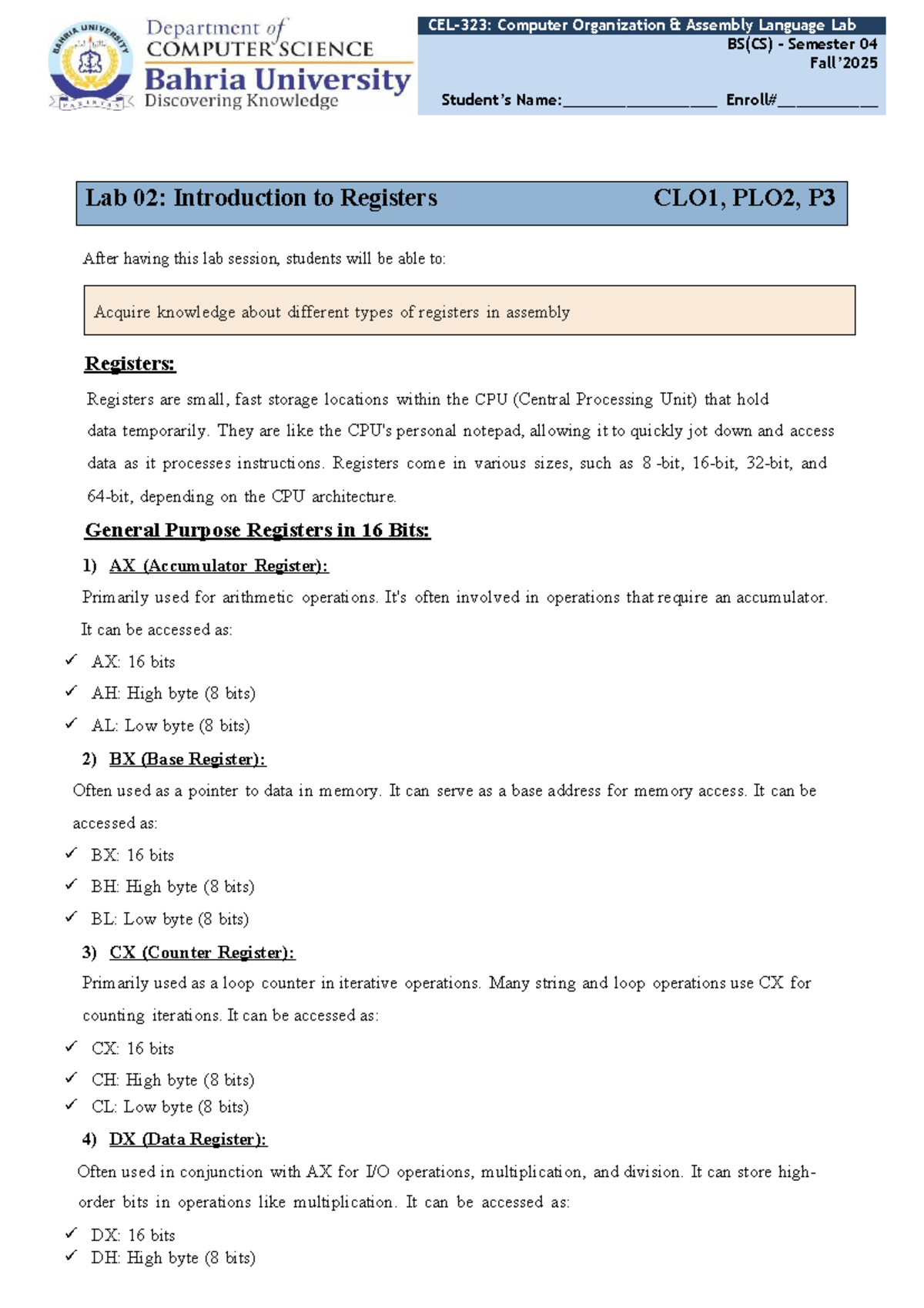 COAL Lab 02: Understanding CPU Registers and Their Functions - Studocu