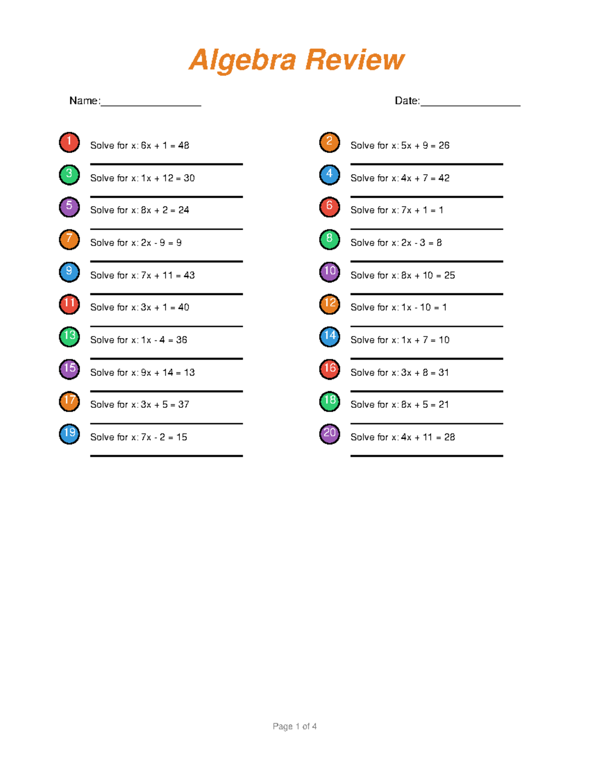 Algebra Review 1: Solving for x and Word Problems - Studocu