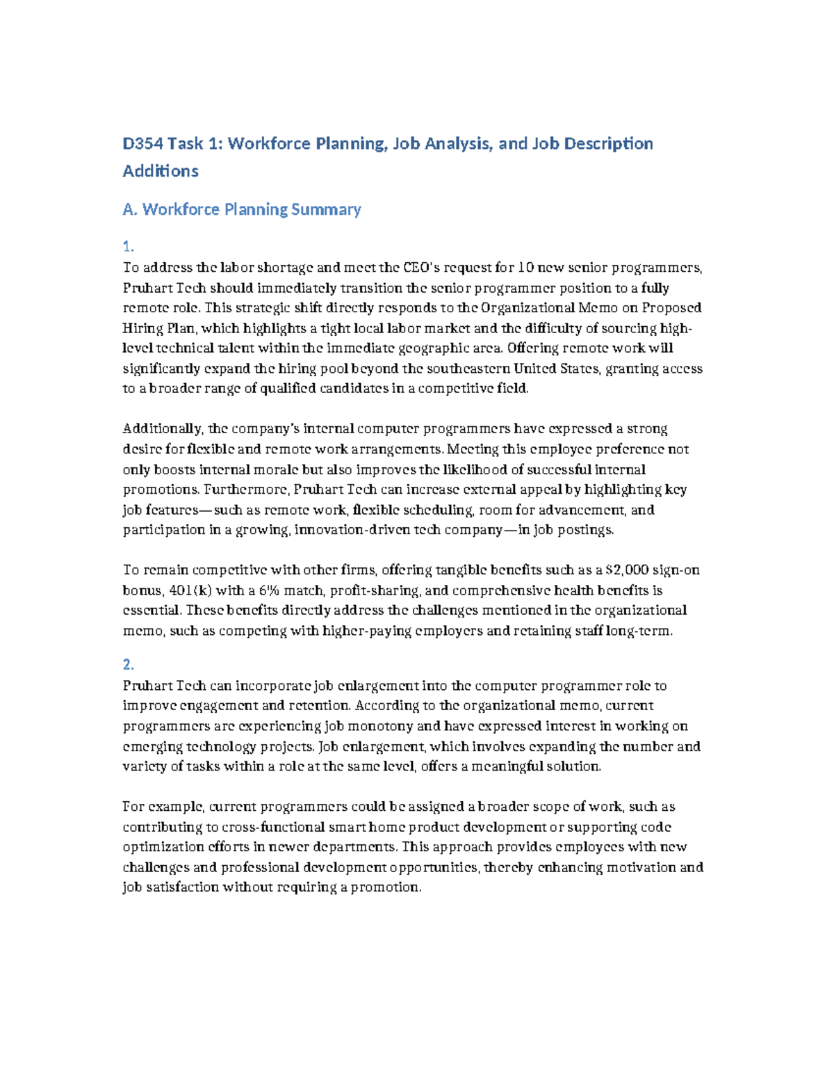 D354 Task 1: Workforce Planning & Job Analysis Strategies - Studocu