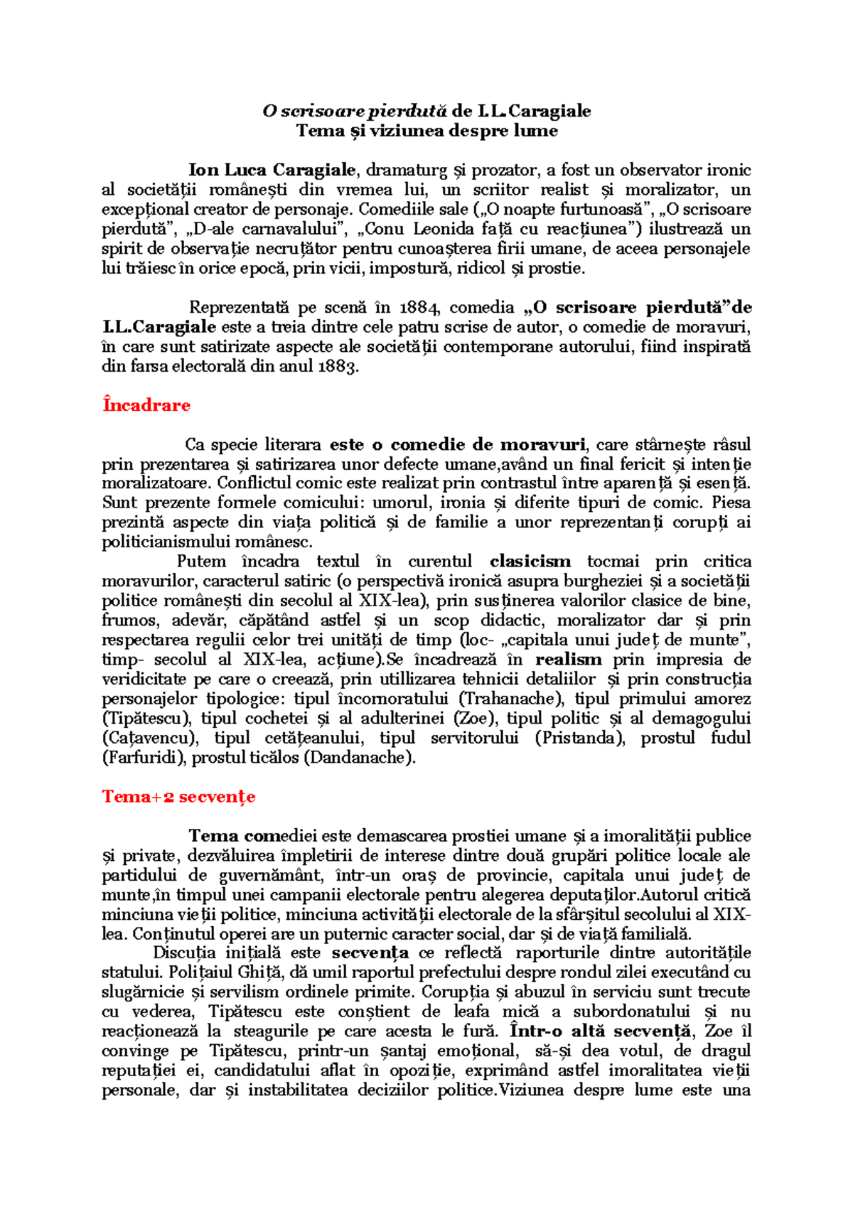 ESEU GEN Dramatic - O scrisoare pierdută de I.L Tema și viziunea despre lume Ion Luca Caragiale ...