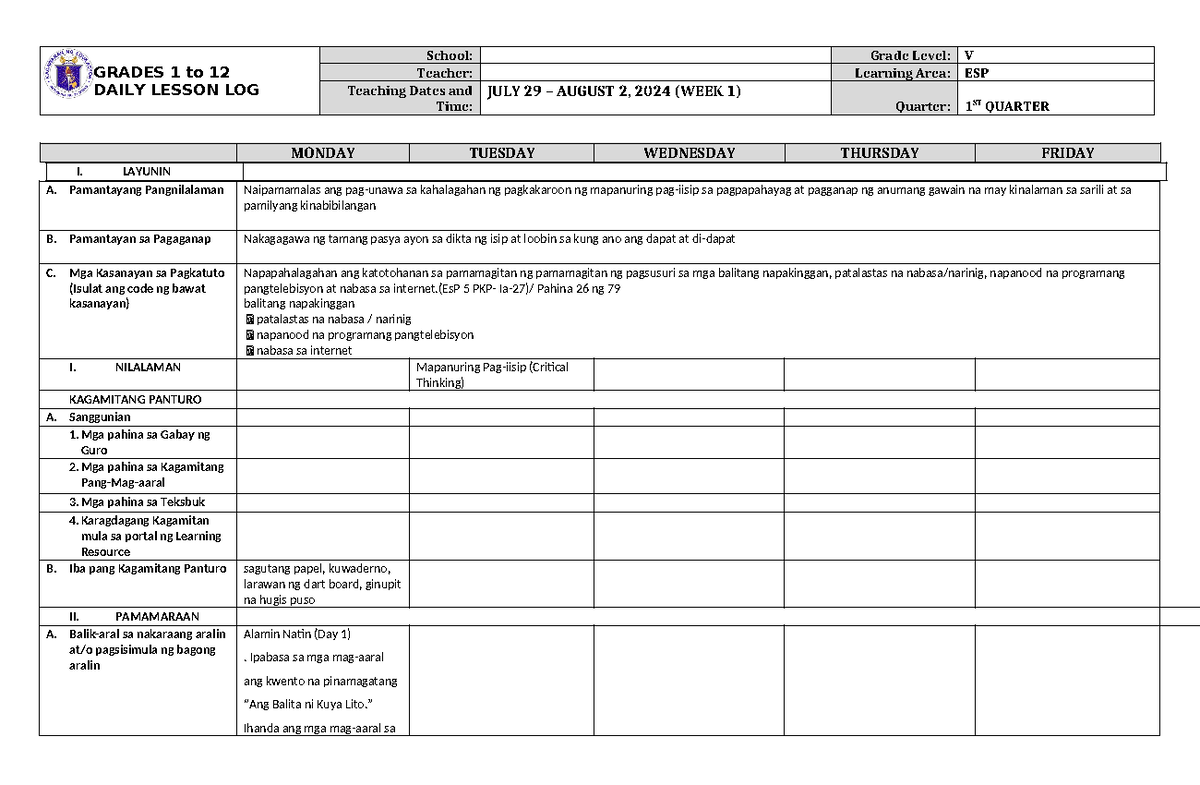 DLL ESP-5 Q1 W1- GRADES 1 to 12 DAILY LESSON LOG School: Grade Level: V Teacher: Learning Area ...