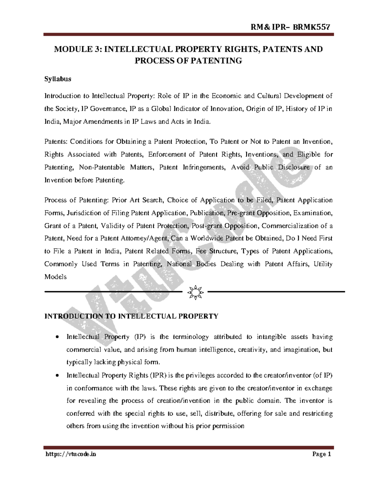 BRMK557 MODULE 3: IPR, PATENTS, AND PATENTING PROCESS Notes - Studocu