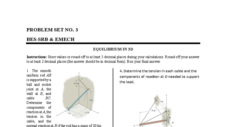 Problem Set No. 3: EMECH Equilibrium in 3D Analysis - Studocu