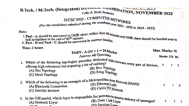 B.Tech M. Tech (Integrated) 6th Sem Computer Networking Exam (21C5C302 ...