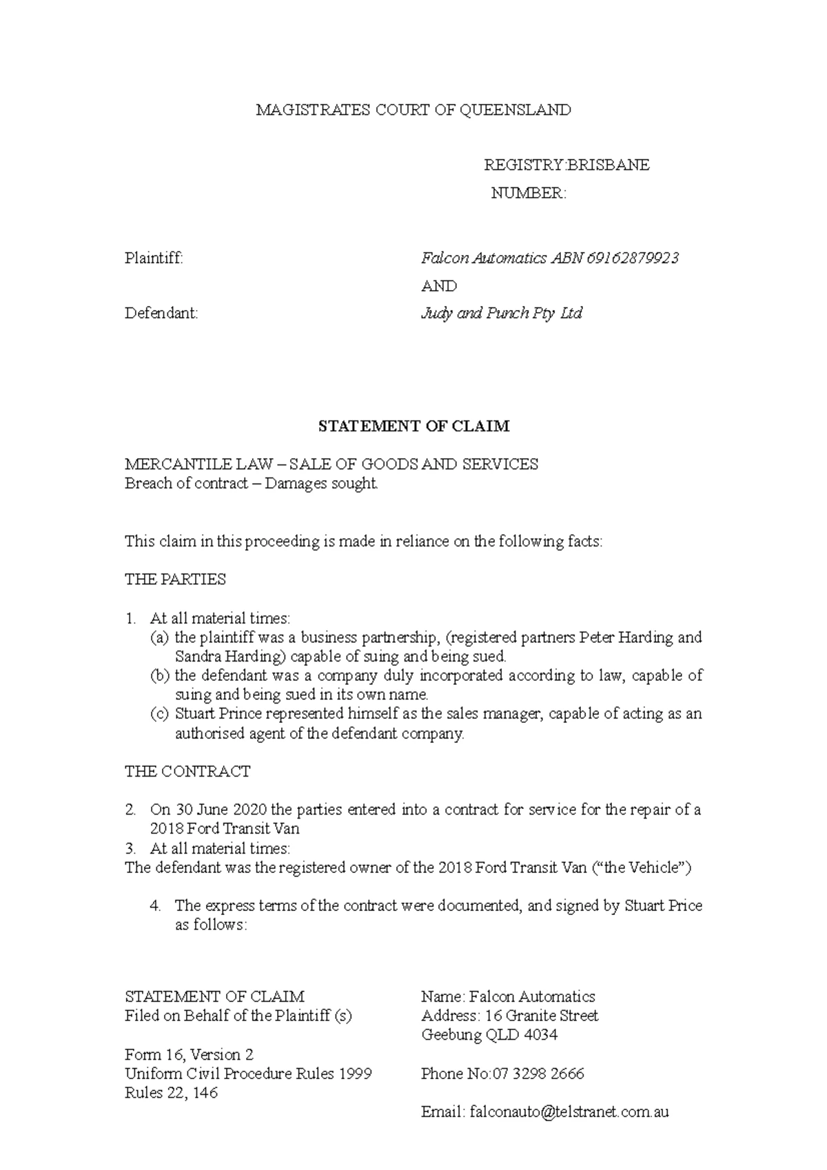 Claim and Defence Example - District Court of Queensland - DISTRICT ...