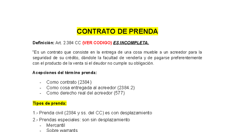 Contrato de Prenda: Definición y Efectos según el CC - Studocu