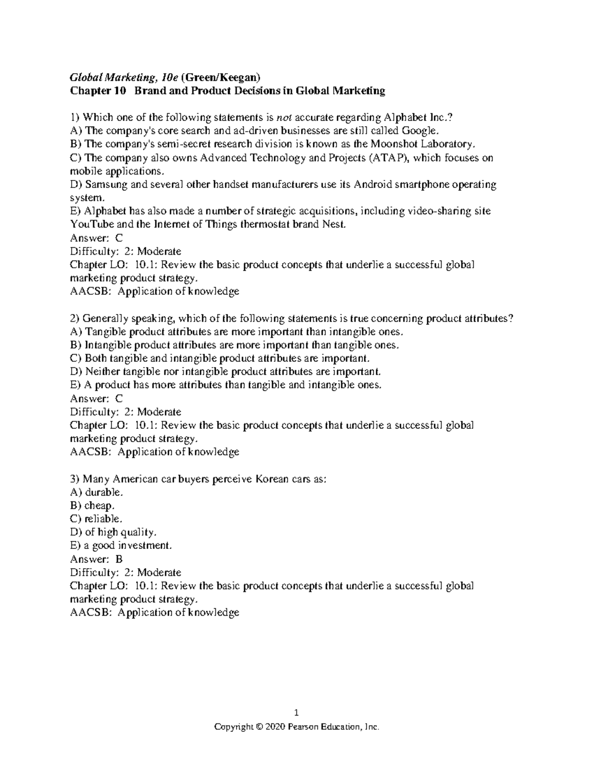 Global Marketing, 10e Chapter 10 Test Bank: Brand & Product Decisions ...