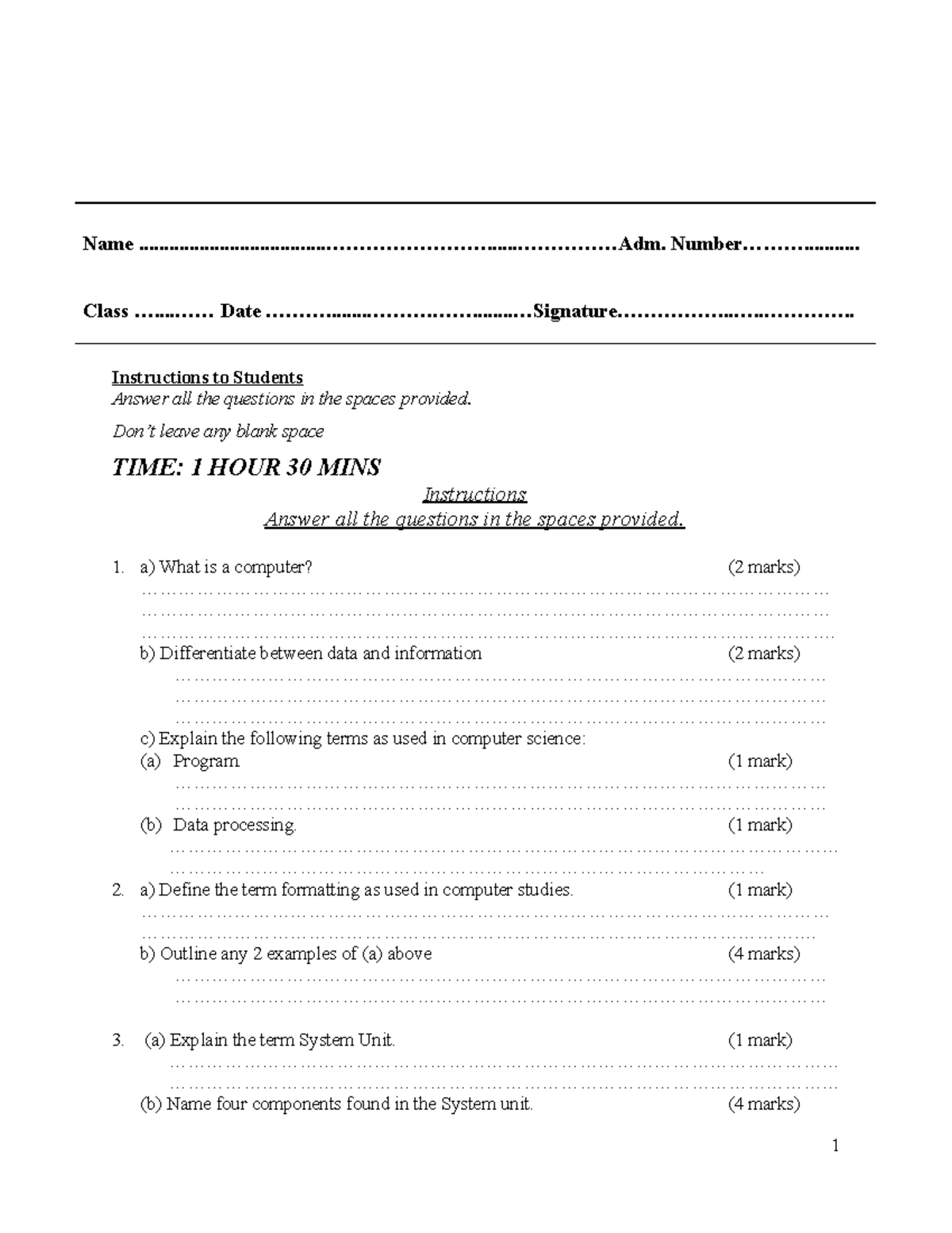 Form Two Computer Studies Exam Instructions and Questions - Studocu