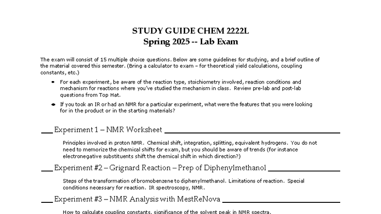 Lab Study Guide for CHEM 2222L Spring 2025 Exam - Studocu