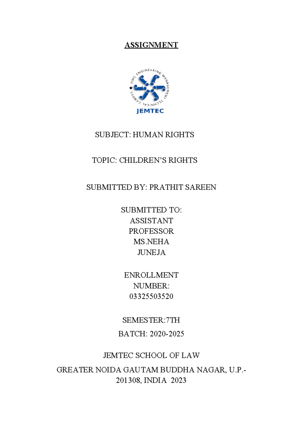 HUMAN RIGHTS (HR 301): Analyzing Issues in Children's Rights and ...