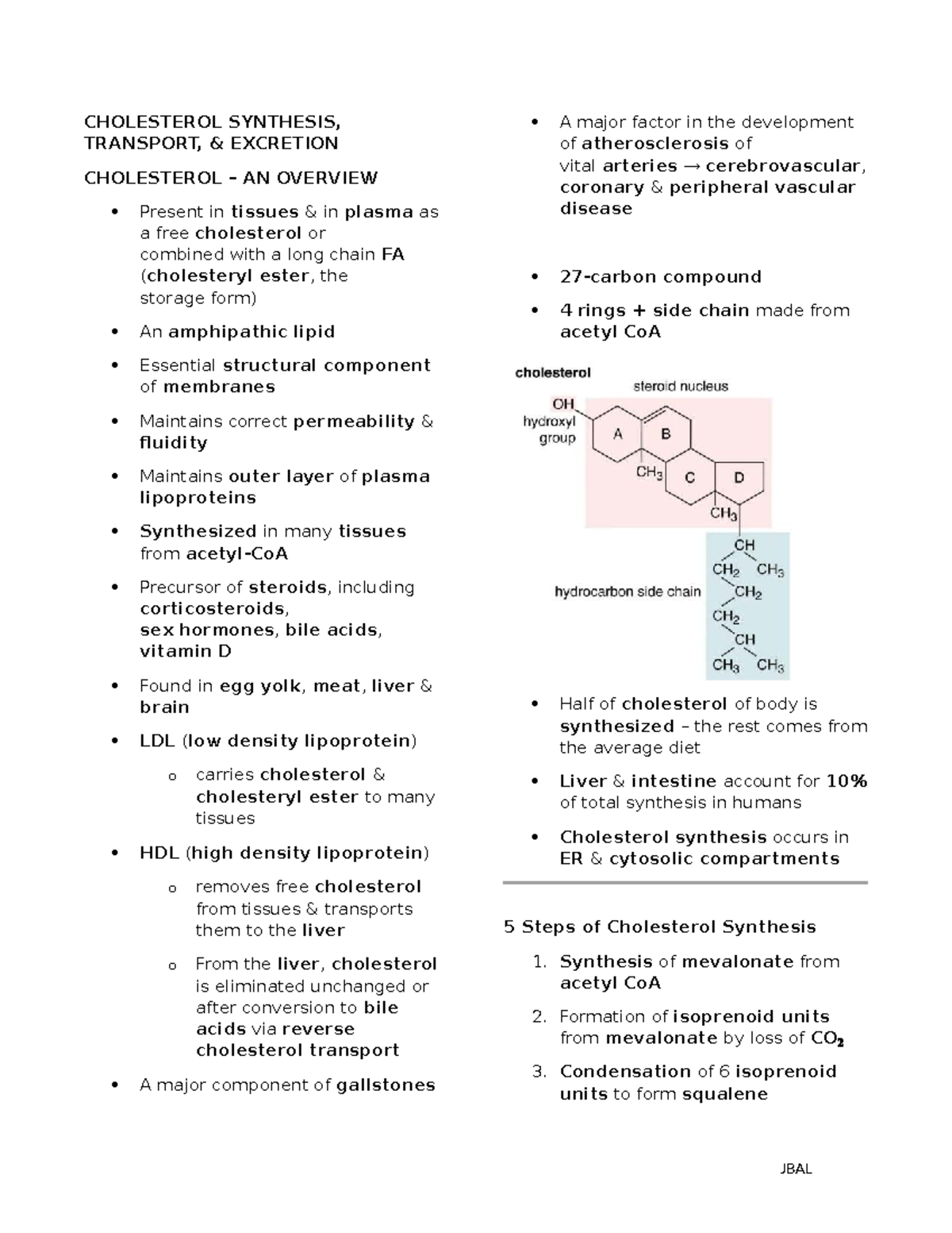 Cholesterol Biochemistry: Synthesis, Transport & Excretion (MT) - Studocu
