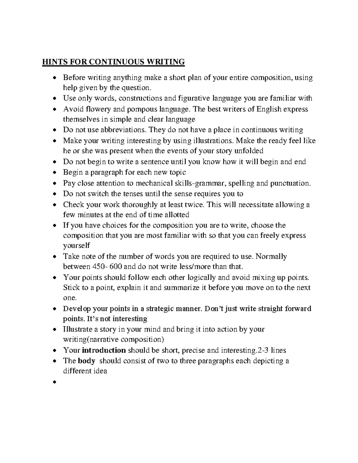 English Notes - HINTS FOR CONTINUOUS WRITING Before writing anything ...