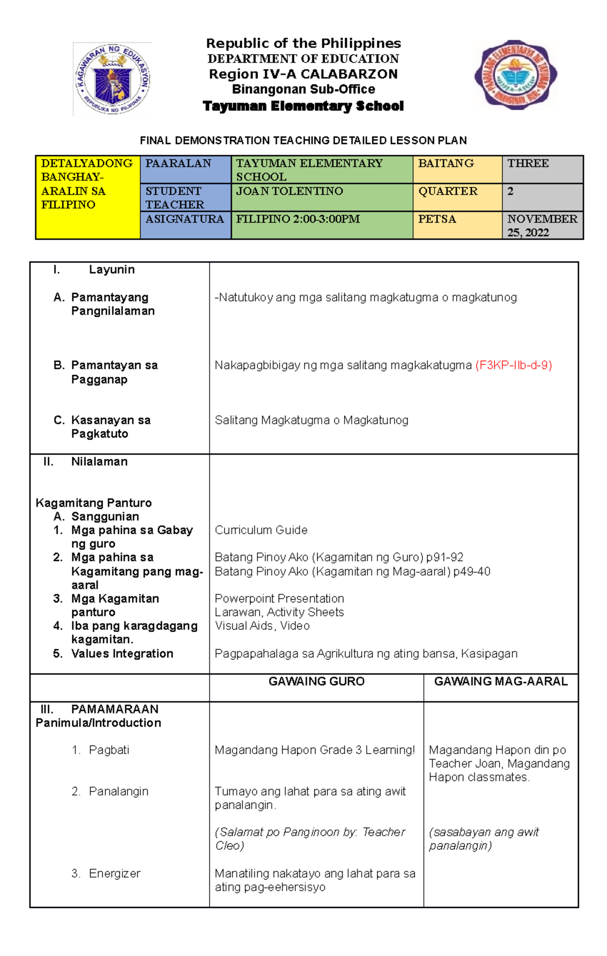 Banghay Aralin SA Filipino 3 Salitang Magkatugma - Republic of the ...