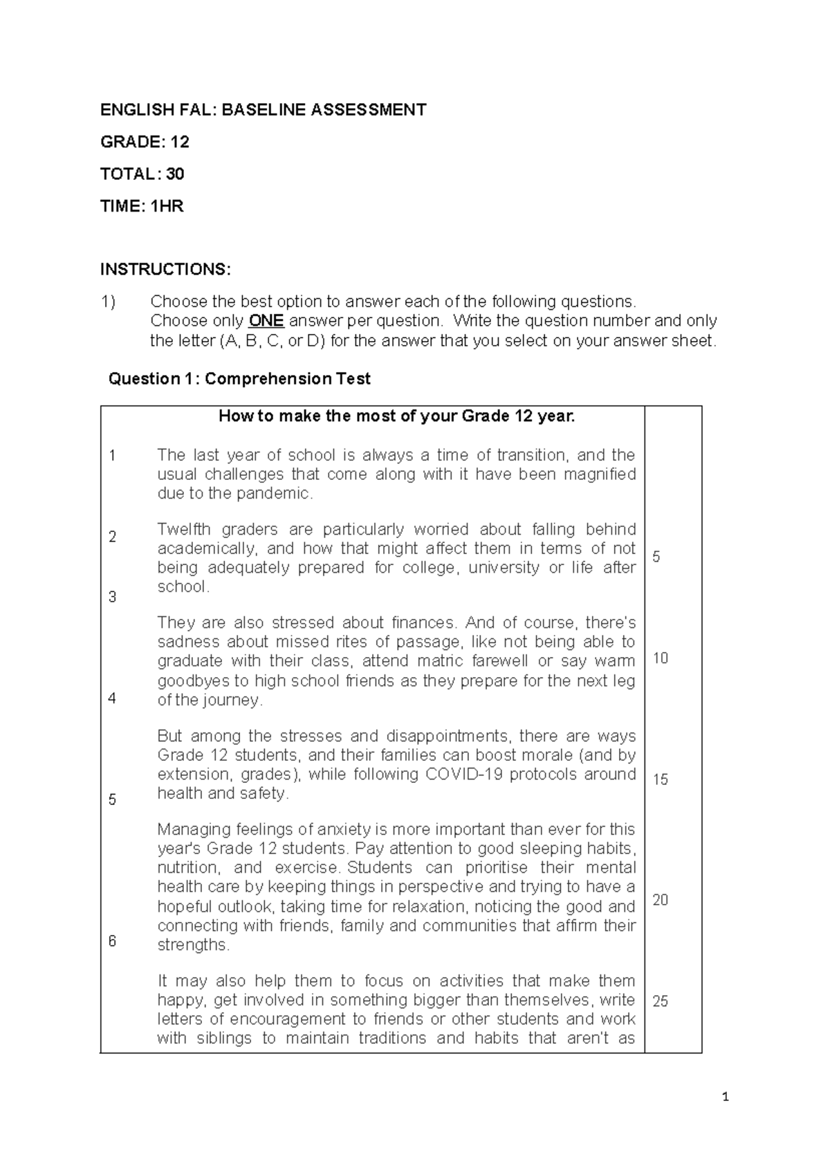 English FAL Grade 12 Baseline Assessment 2026: Comprehension & Visual ...