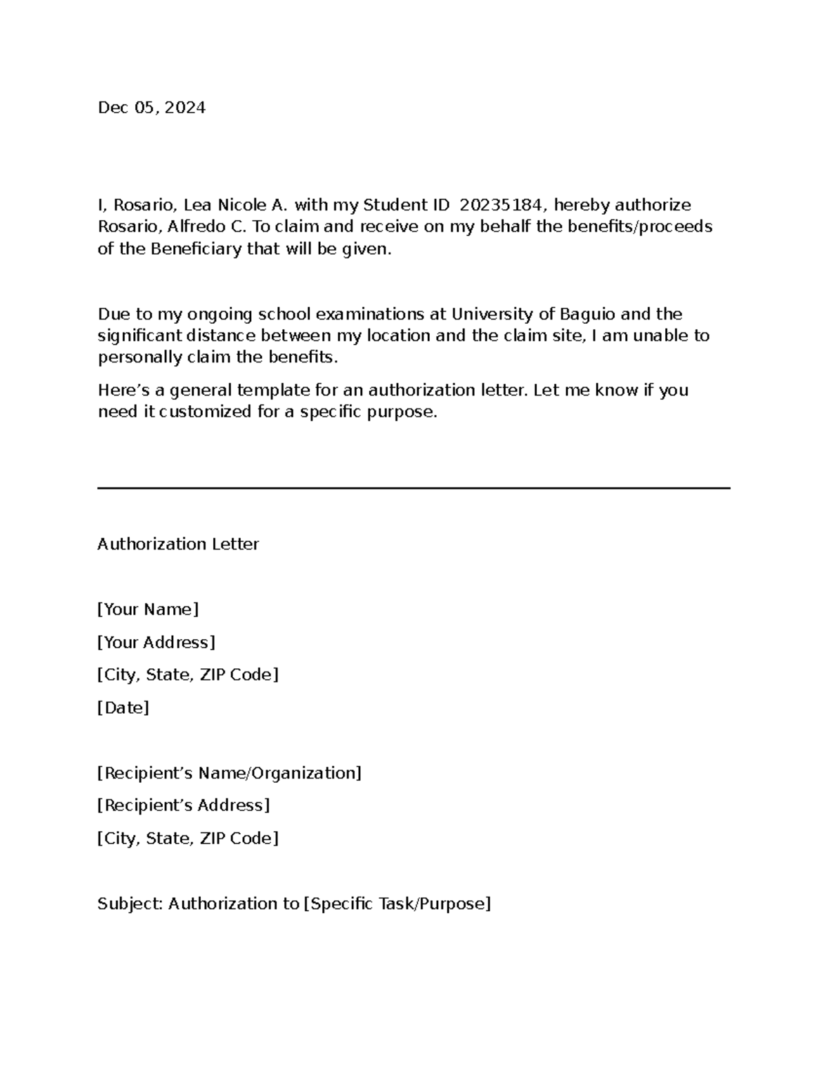 Authorization Letter Template for Claiming Benefits - UB Exam 2024 ...