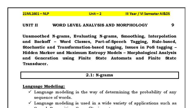 21ML1601 NLP Unit 2 Year VI Semester: Word Level Analysis & Morphology ...