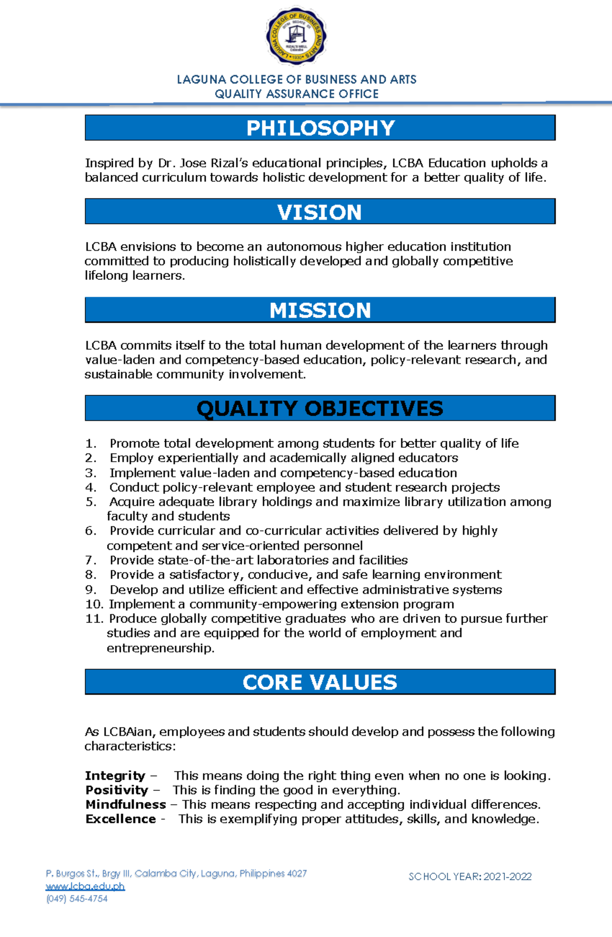 LCBA Quality Assurance Framework 2021-2026 Overview - Studocu