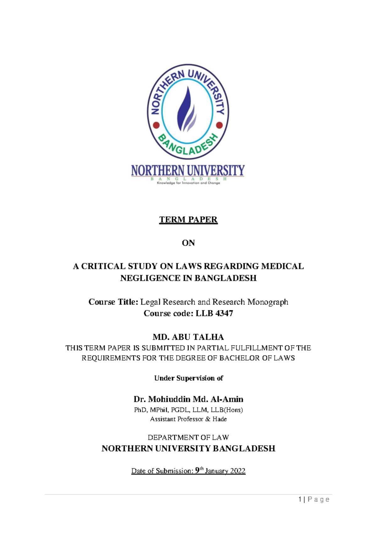 LLB 4347: Term Paper on Medical Negligence Laws in Bangladesh - Studocu