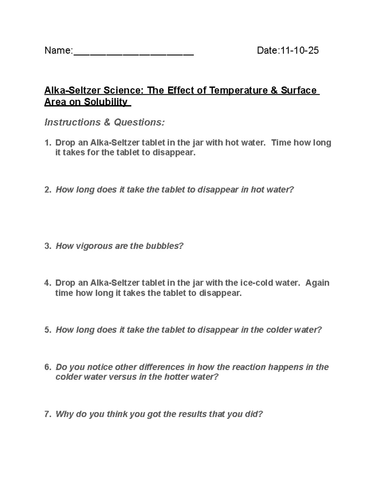 Science Lab: Effect of Temperature & Surface Area on Solubility - Studocu
