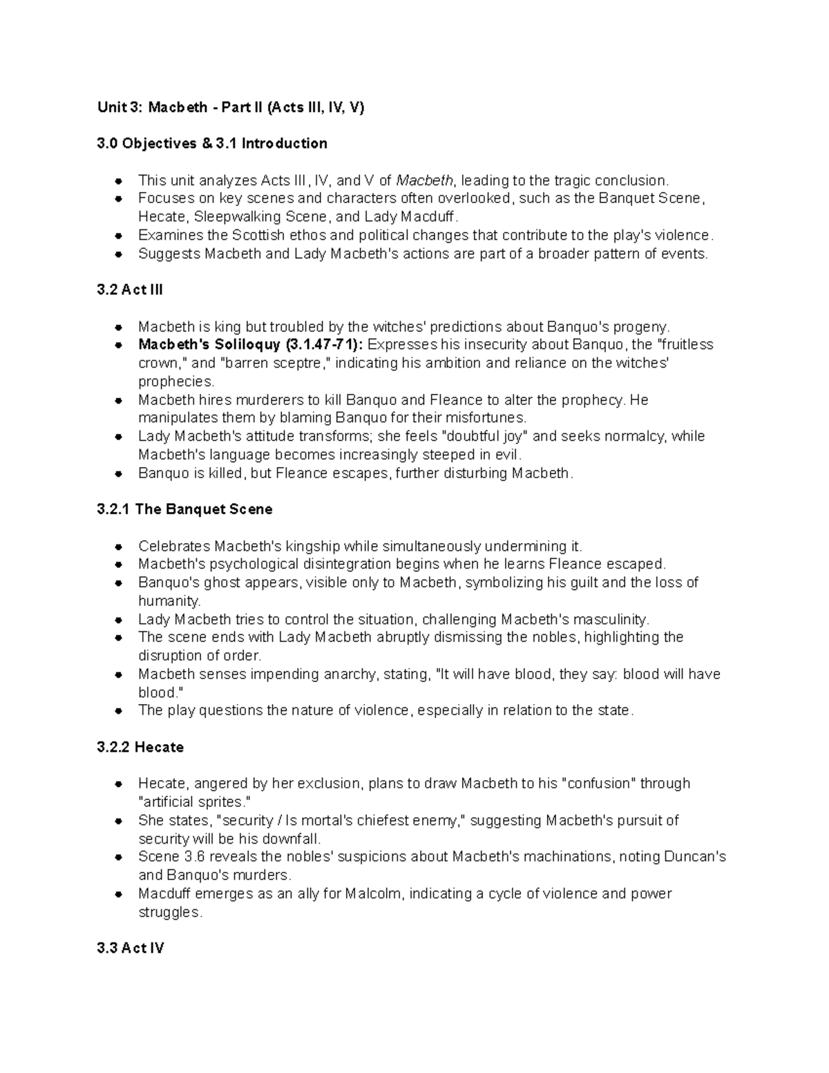 BEGC 133 Unit 3: Macbeth Acts IV & V Analysis Notes - Studocu