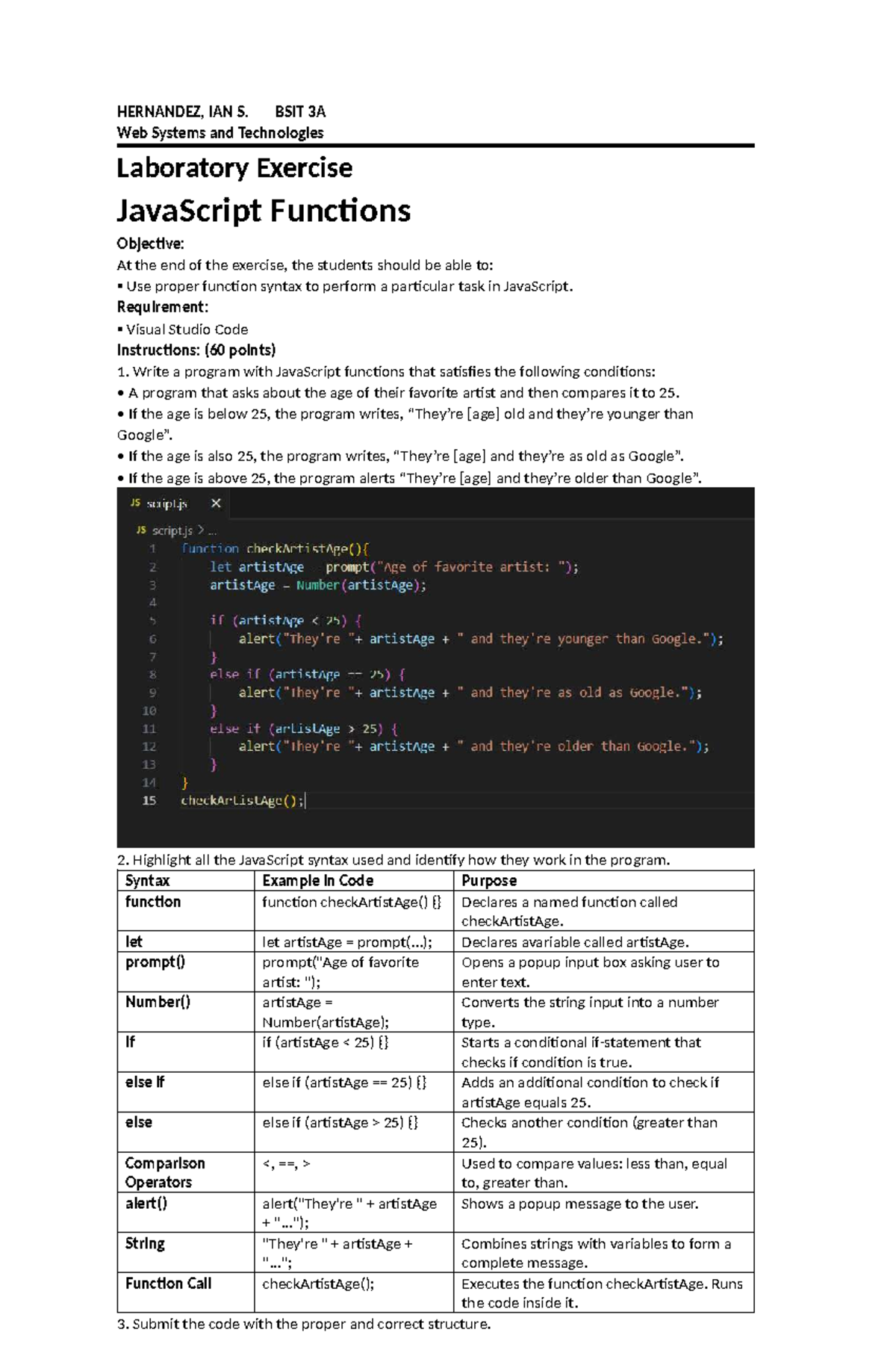 BSIT 3A Web Systems Lab: JavaScript Functions Exercise Guide - Studocu