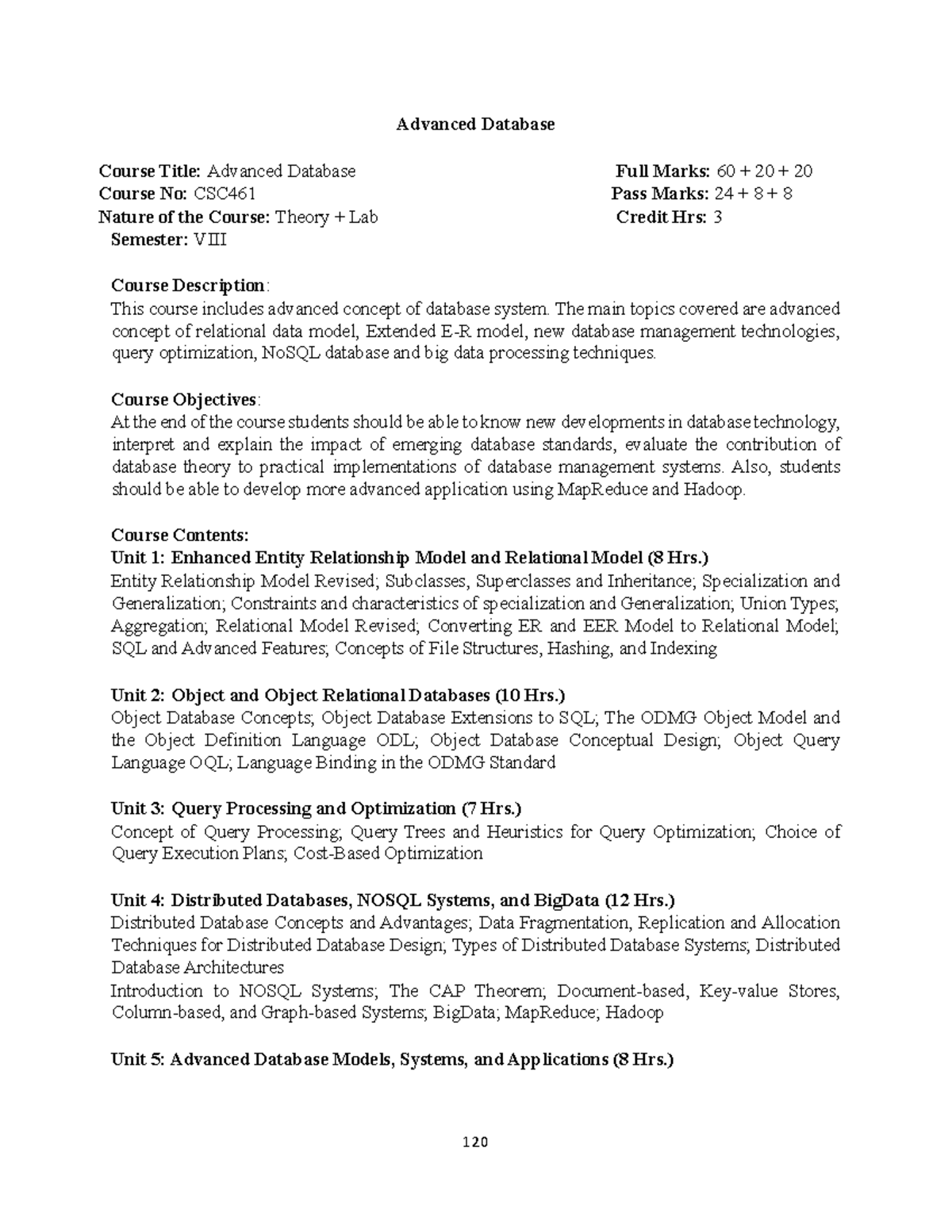 Advanced Database Systems Syllabus - CSC461 & Cloud Computing - CSC467 ...