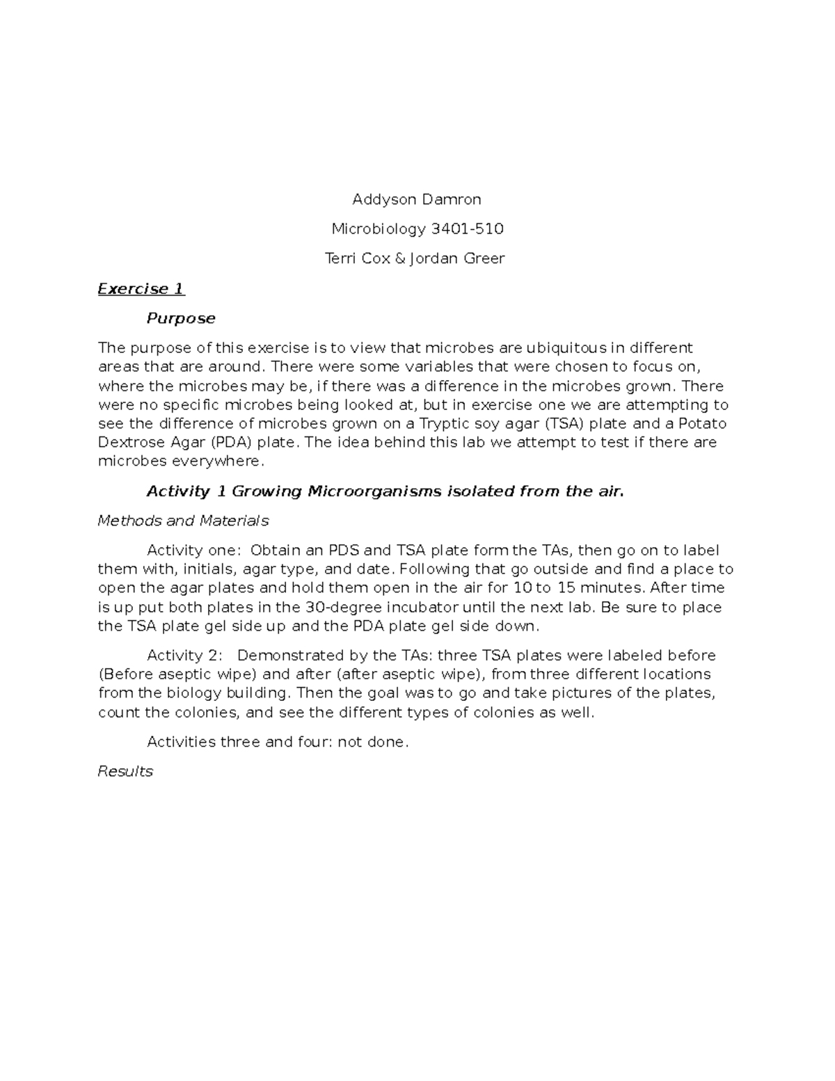 Microbiology 3401 Lab Report: Ubiquity of Microbes & Aseptic Techniques ...