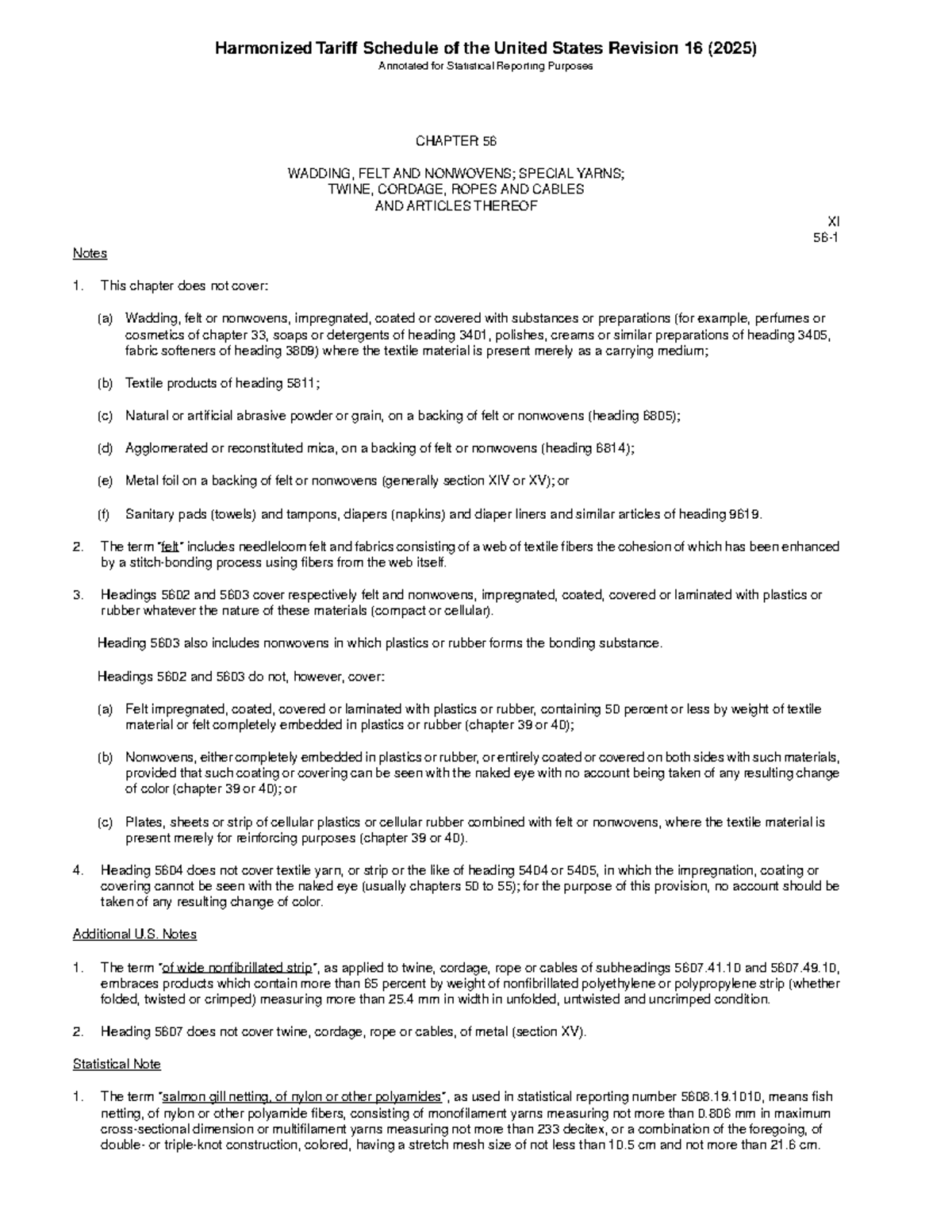 Harmonized Tariff Schedule of the U.S. Revision 16 (2025) - Chapter 56 ...