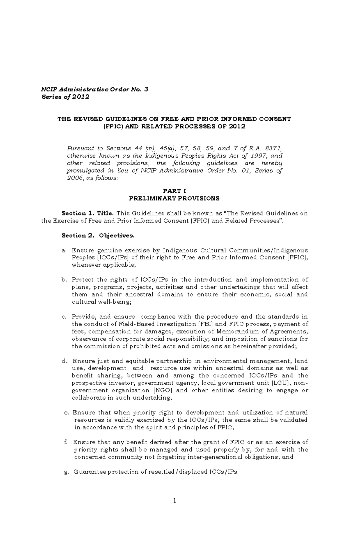 NCIP AO 2012-03: Revised FPIC Guidelines for Indigenous Peoples Rights ...